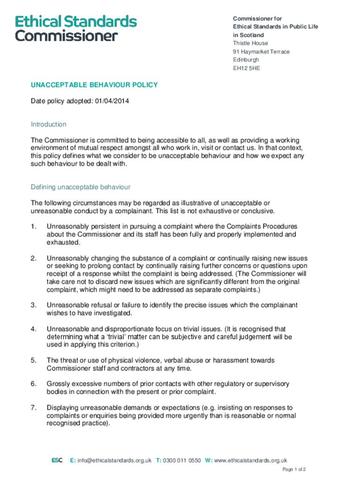 Unacceptable Behaviour Policy | Ethical Standards Commissioner