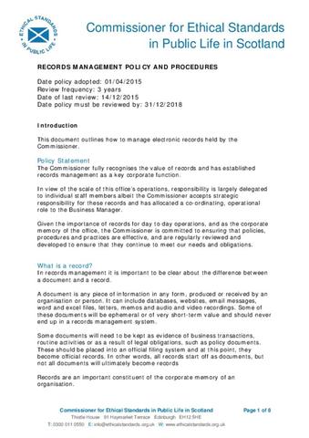 Records Management Policy and Procedures | Ethical Standards Commissioner