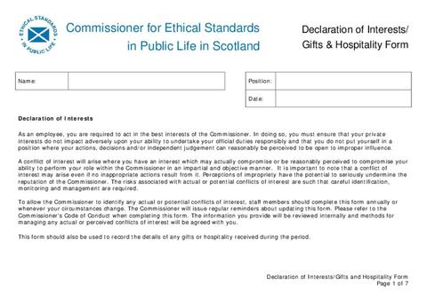 Declaration of Interests/Gifts & Hospitality Form | Ethical Standards ...