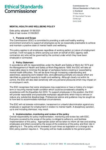 Mental Health and Wellbeing Policy | Ethical Standards Commissioner